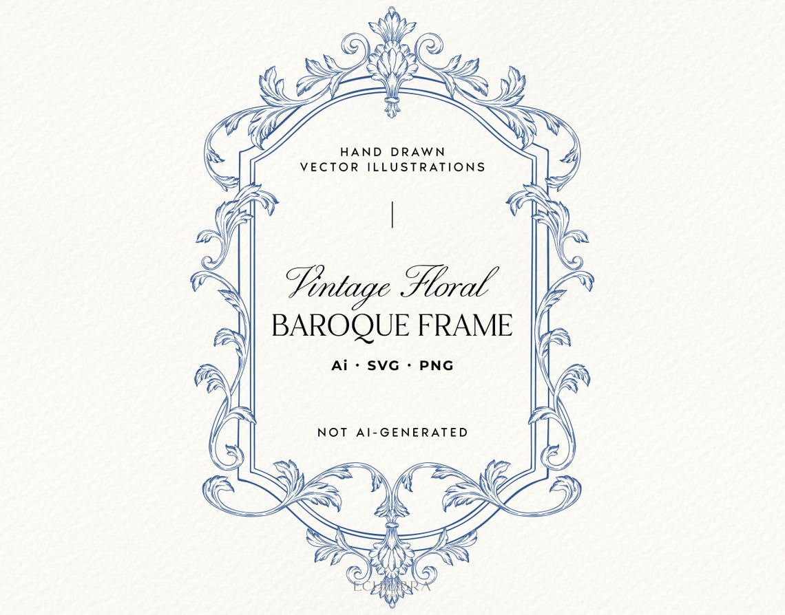 Vintage Baroque Floral Frame SVG, PNG, Hand Dawn Wedding Ornate Design ...