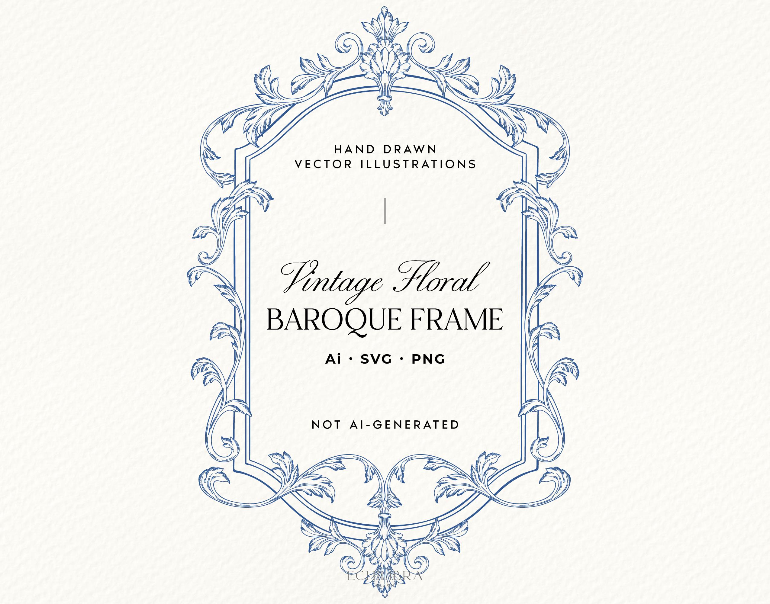 Vintage Baroque Floral Frame SVG, PNG, Hand Dawn Wedding Ornate Design ...