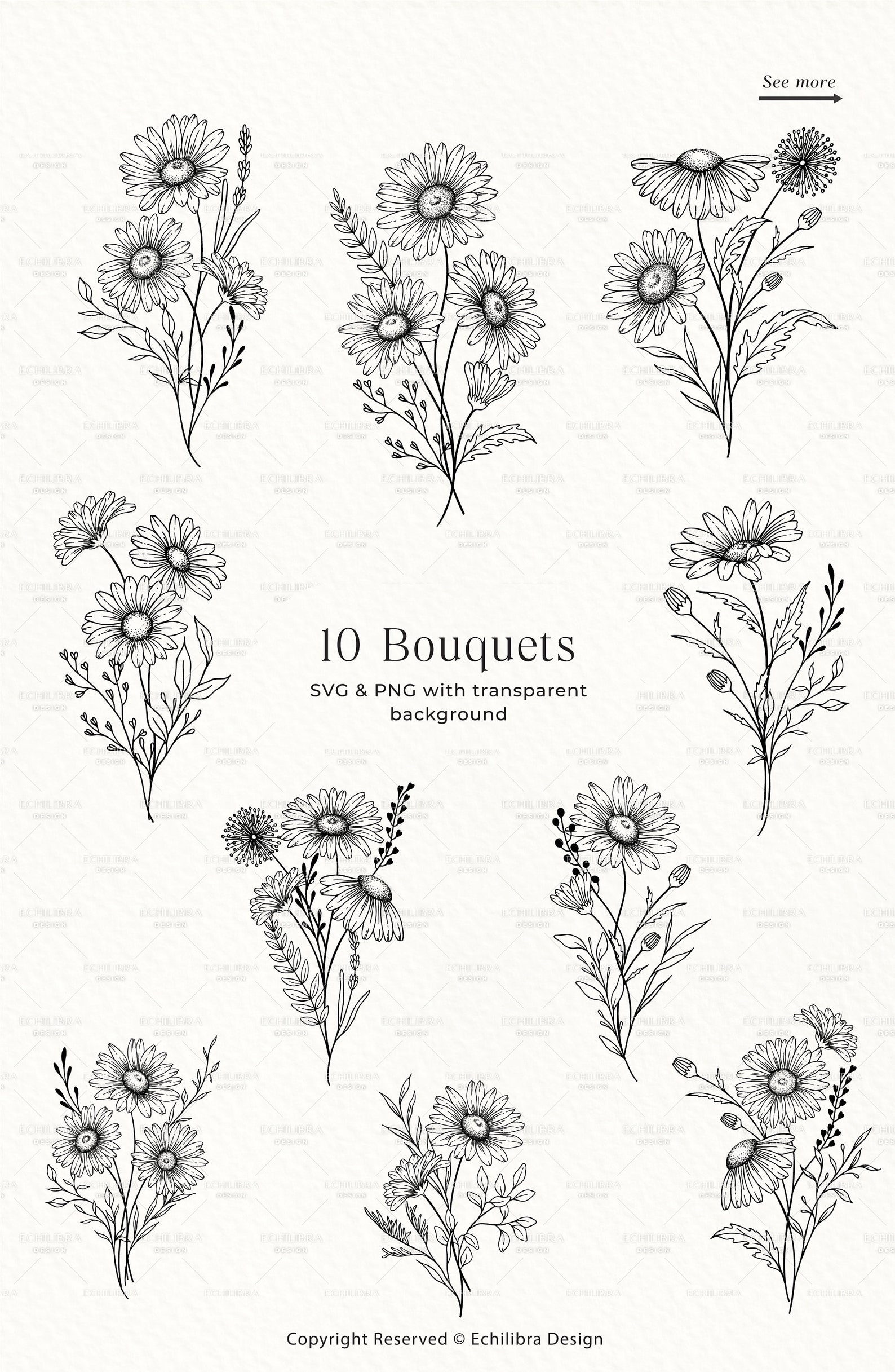 Daisy Floral Line Art Bundle, Daisy Botanical SVG, Clipart, Spring ...