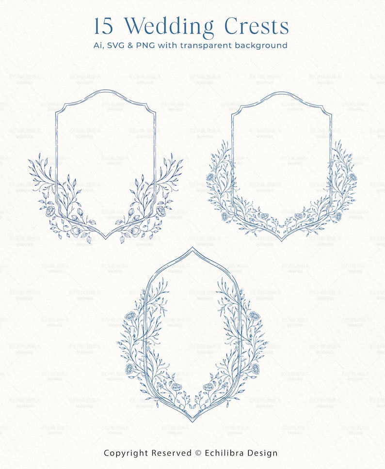 Hand Drawn Wedding Crests SVG, Vintage Rose Florals, Blue Chinoiserie ...