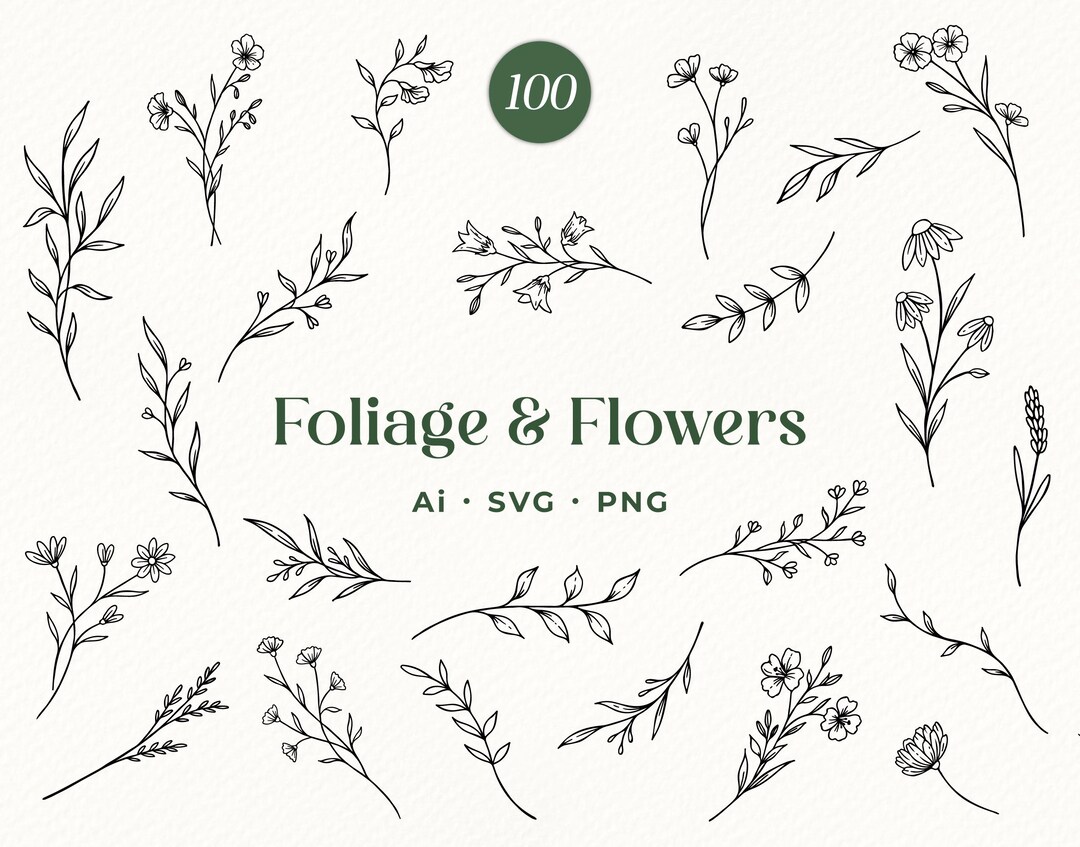 Botanical Foliage and Flowers SVG Bundle, Hand Drawn Vector Greenery ...