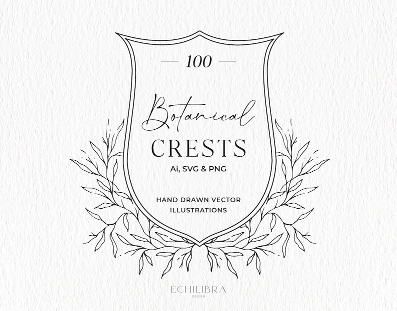 100 Botanical Crests, Hand Drawn Vector Illustrations, AI SVG PNG ...
