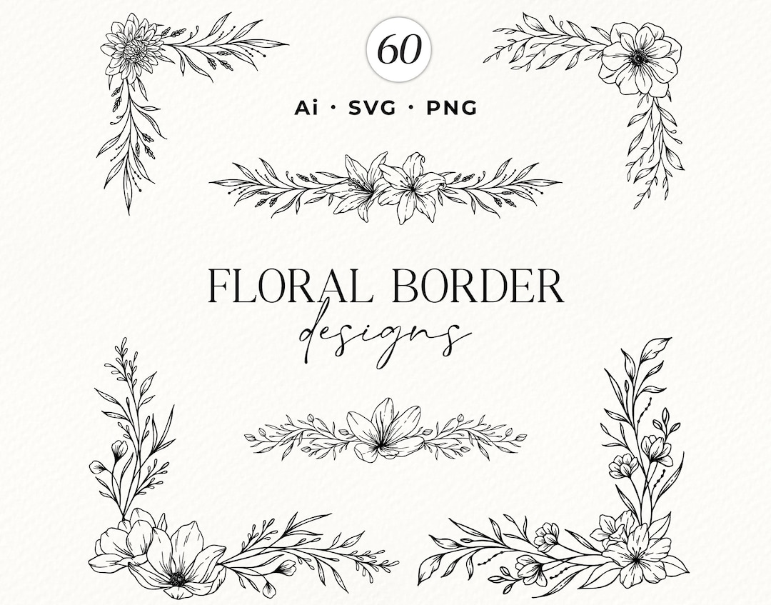 Floral Line Art Borders, Botanical SVG, Clipart PNG, Wedding Flowers ...