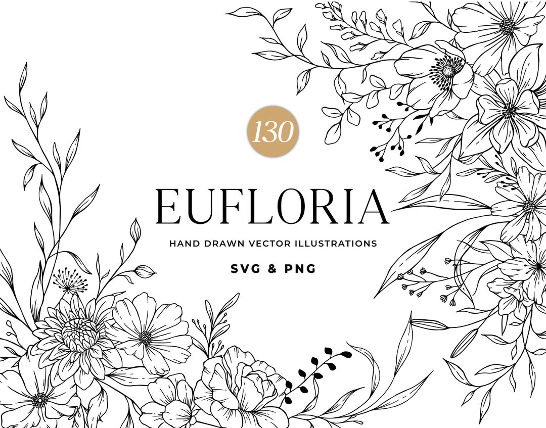 Floral Line Art, Botanical Line Art SVG, Clipart, Wedding Flowers, Hand ...