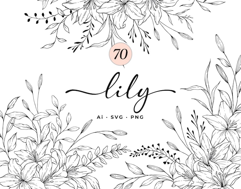 Lily Floral Line Art, Lily SVG Bundle, Botanical Flowers Line Art SVG ...