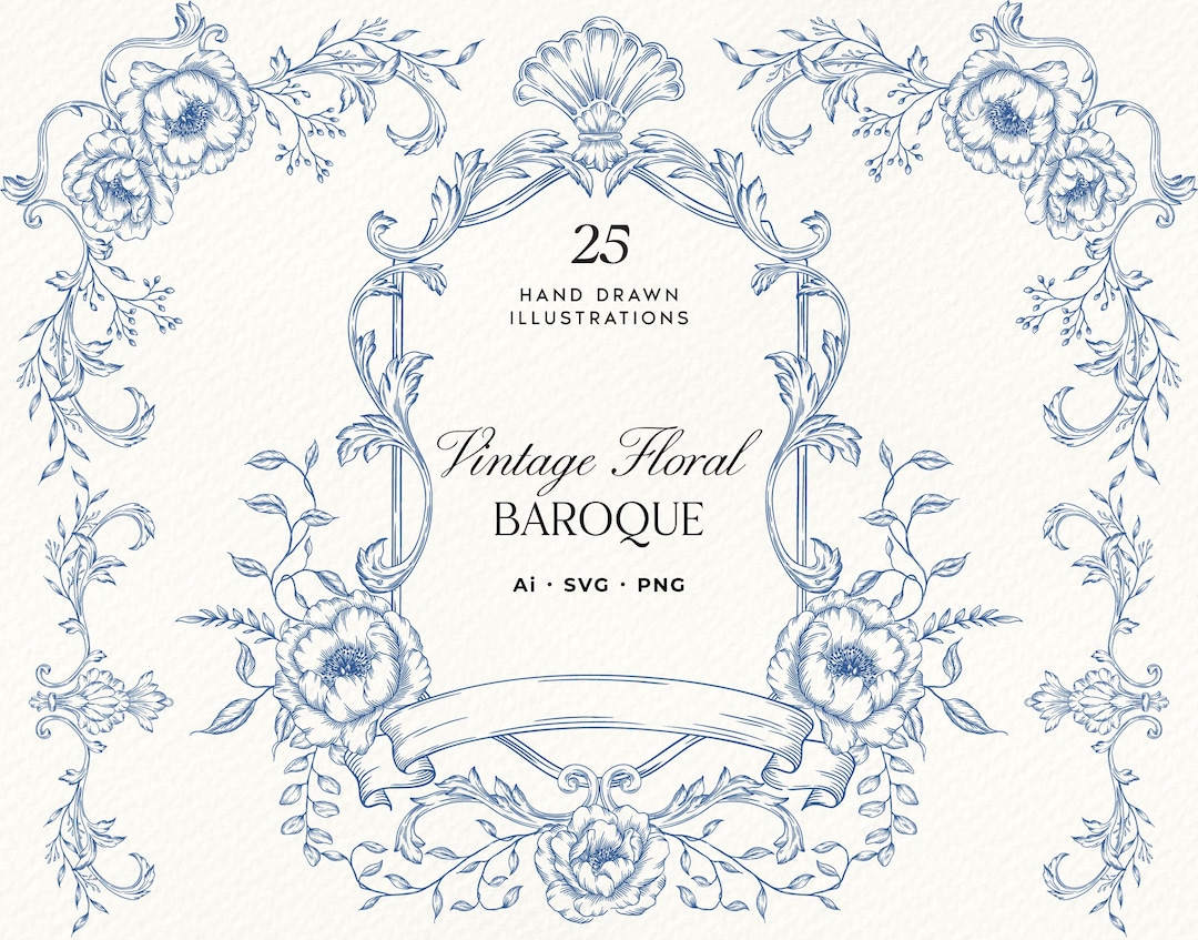 Vintage Baroque Floral SVG Bundle | Wedding Crest & Frame Design, Hand ...