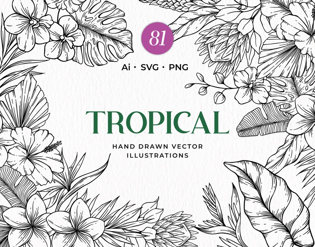 Tropical Botanicals, Floral Line Art, Botanical Line Art SVG, Tropical ...