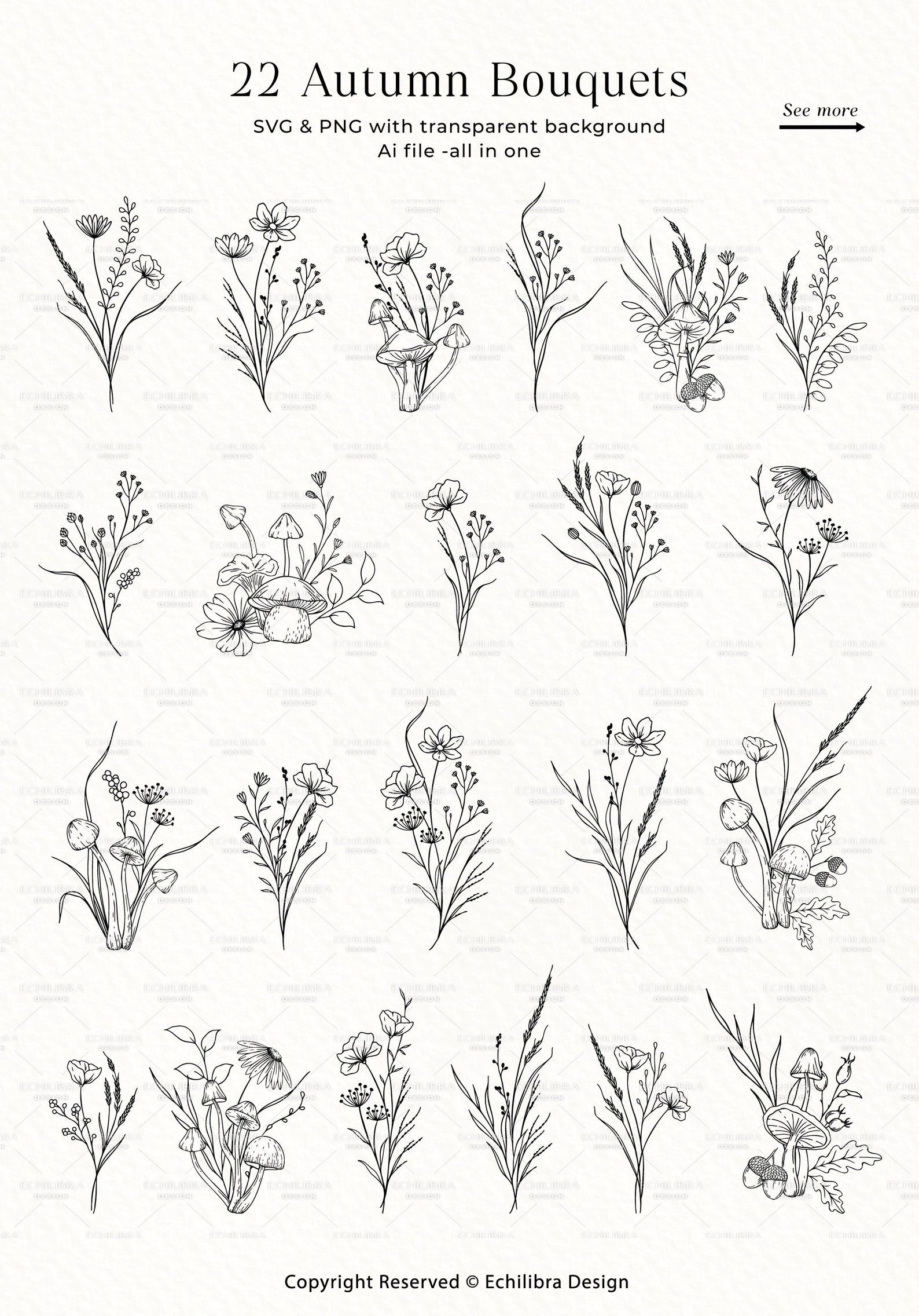 Autumn Floral Line Art, Fall Flowers, Hand Drawn Autumn Designs ...