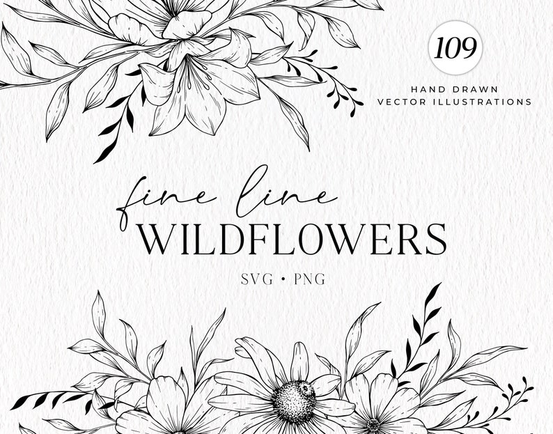 Wildflowers Line Art Botanical Hand Drawn Line Art Floral - Etsy