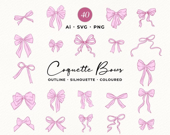 Bow SVG Bundle - 18 Coquette Bows PNG Hand Drawn Ribbon Clipart Girly ...