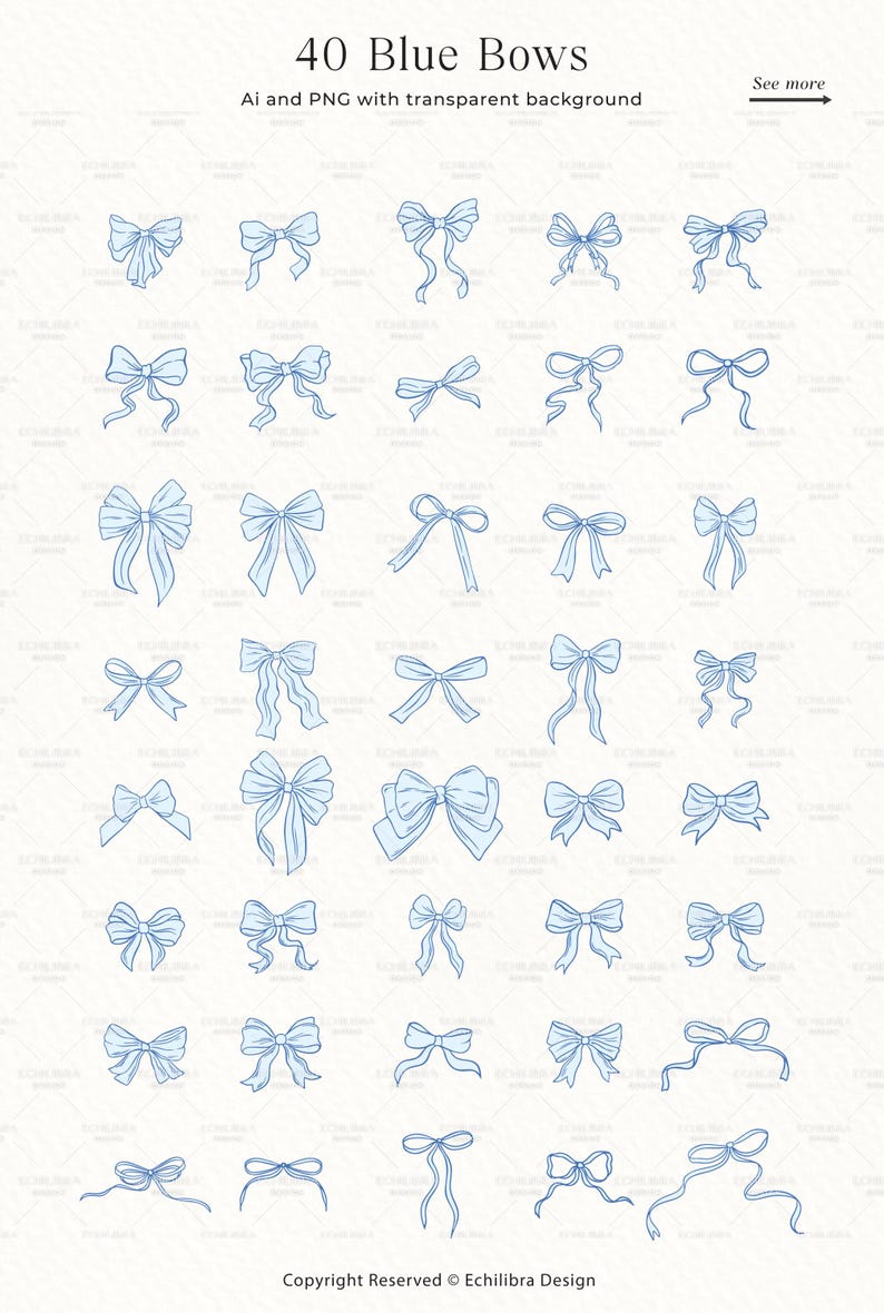 Ribbon Bow SVG Bundle, Hand Drawn Bows, Blue Bow Outline PNG Clipart ...