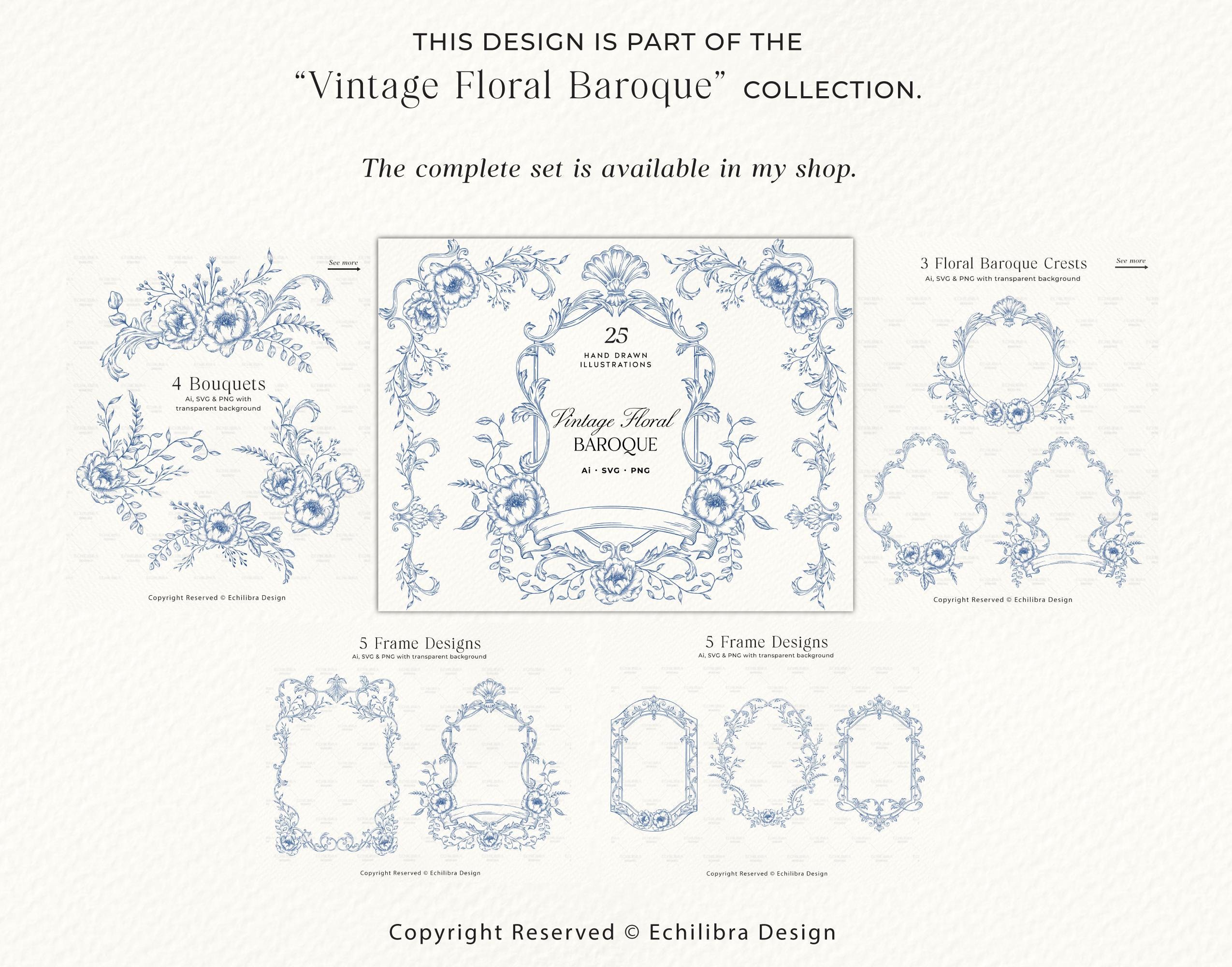 Vintage Baroque Floral Frame SVG, PNG, Hand Dawn Wedding Ornate Design ...