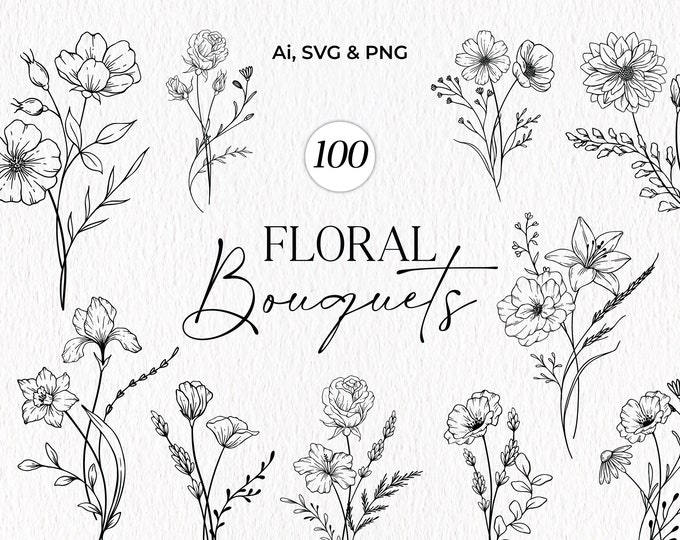 Floral Line Art, Botanical Line Art SVG, Clipart, Wedding Flowers, Hand ...