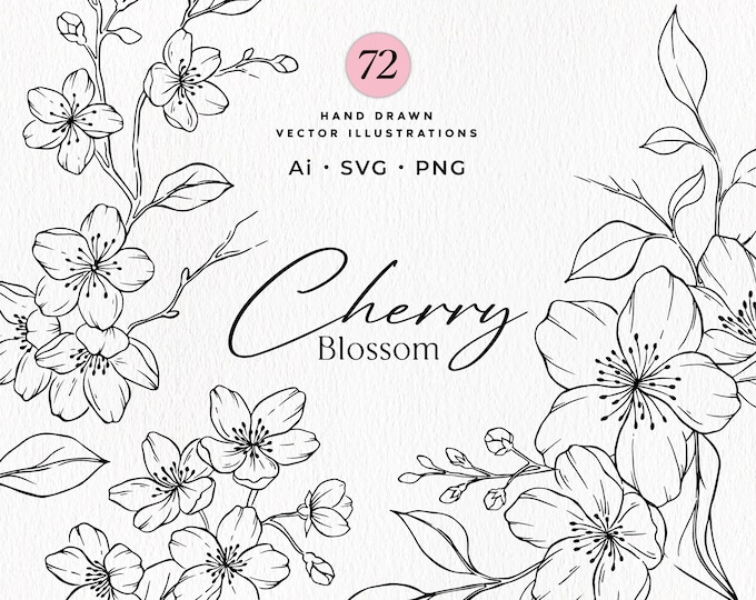 Cherry Blossoms Black/white Line Art Bundle 2 96 Digital Line Art Ai ...