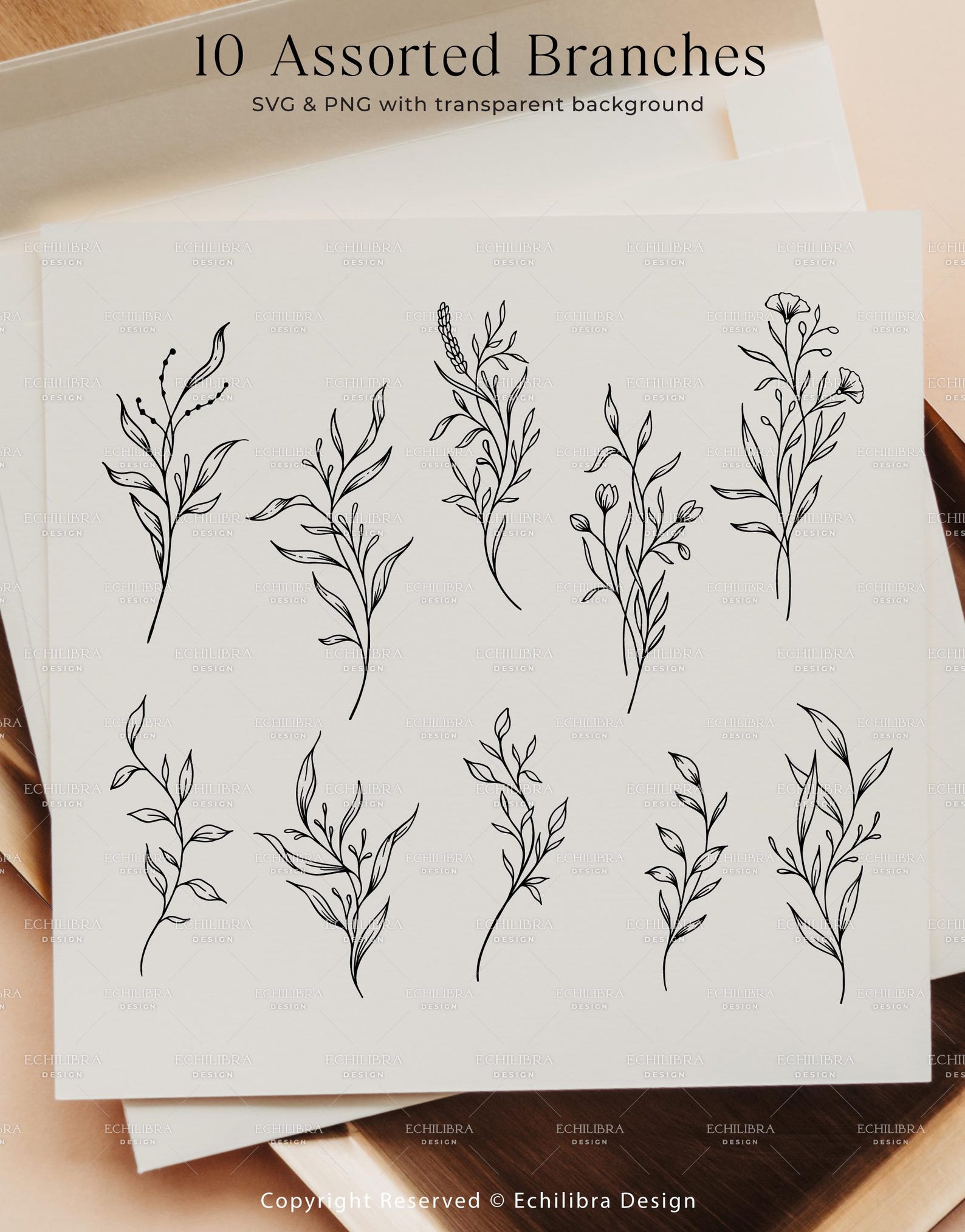 Floral Line Art Borders, Botanical SVG, Clipart PNG, Wedding Flowers ...
