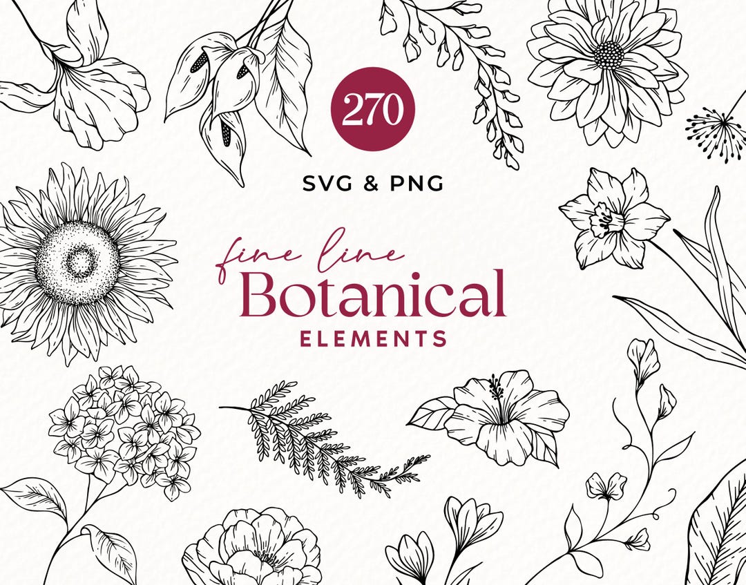 Botanical SVG Bundle, Flowers and Leaves Clipart, Fine Line Florals SVG ...