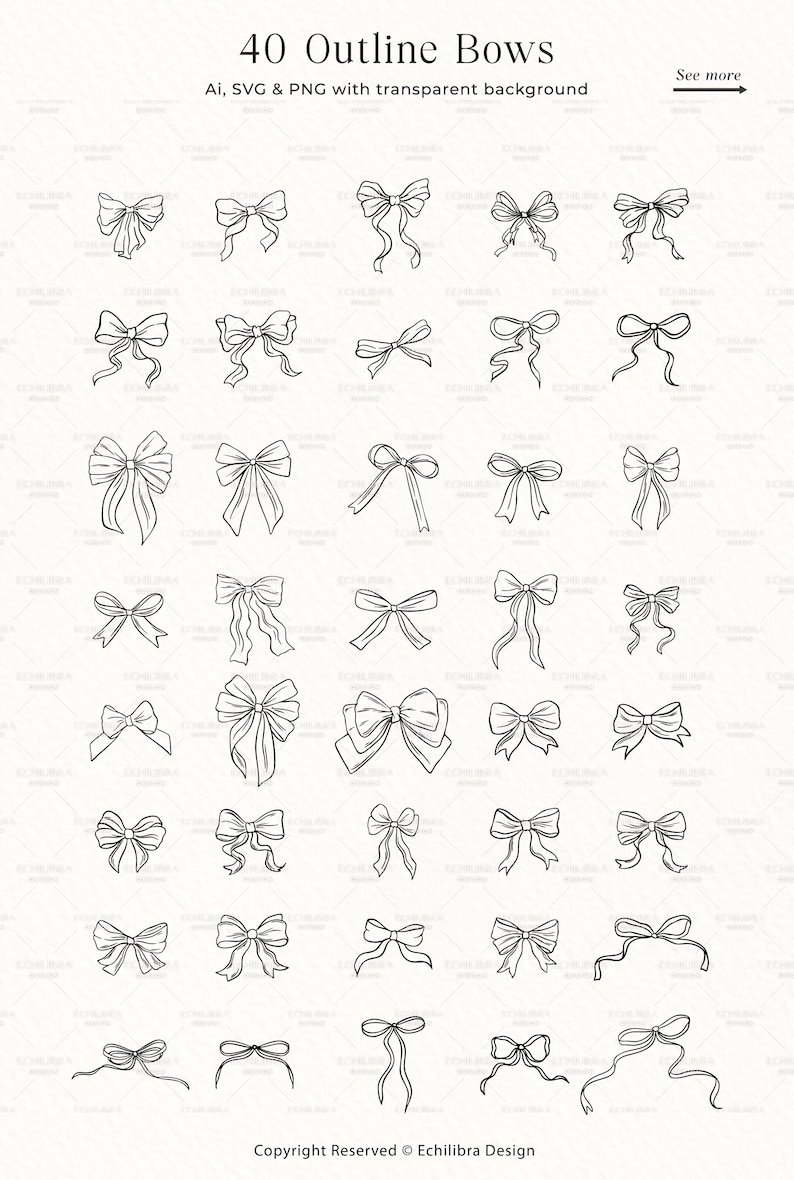 Ribbon Bow SVG Bundle, Hand Drawn Bows, Black Bows Outline PNG Clipart ...