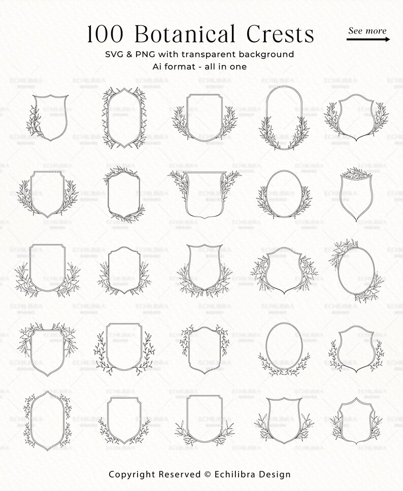100 Botanical Crests, Hand Drawn Vector Illustrations, AI SVG PNG ...
