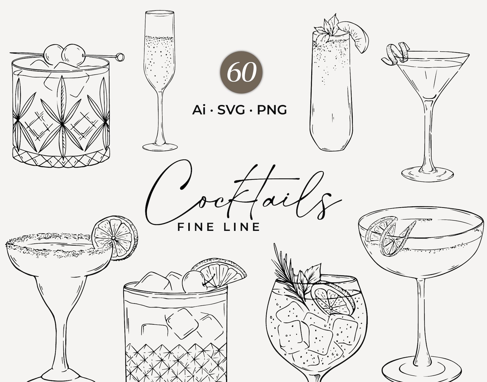 Hand Drawn Cocktails SVG, Signature Cocktail Clipart, Drink ...