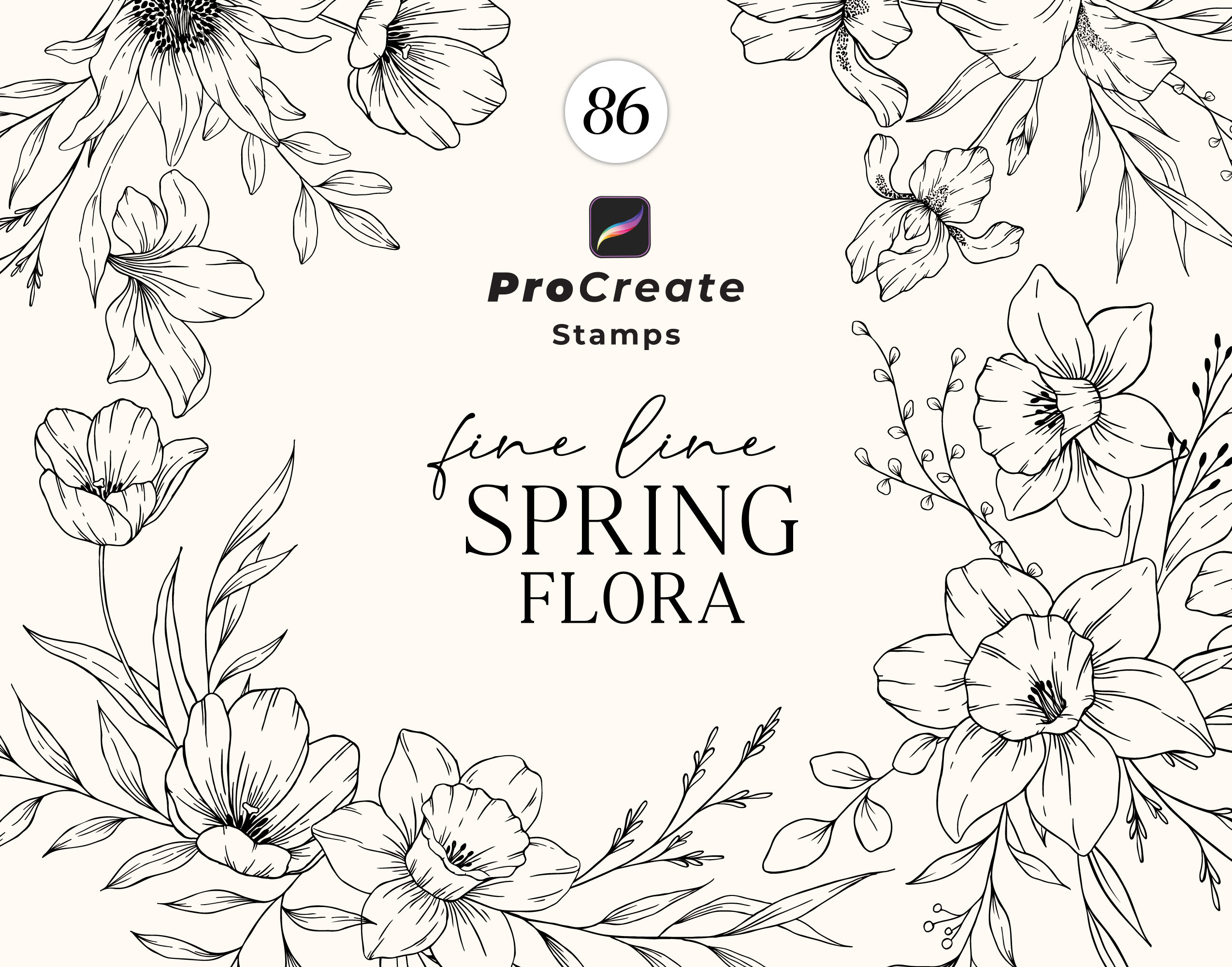 Procreate Spring Floral Line Art, Flower Stamps, Tattoo Brushes ...