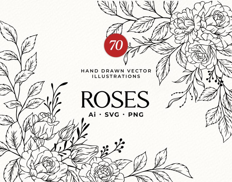 Rose Fine Line Artwork, Rose Designs, Botanical Line Art, SVG, Clipart ...