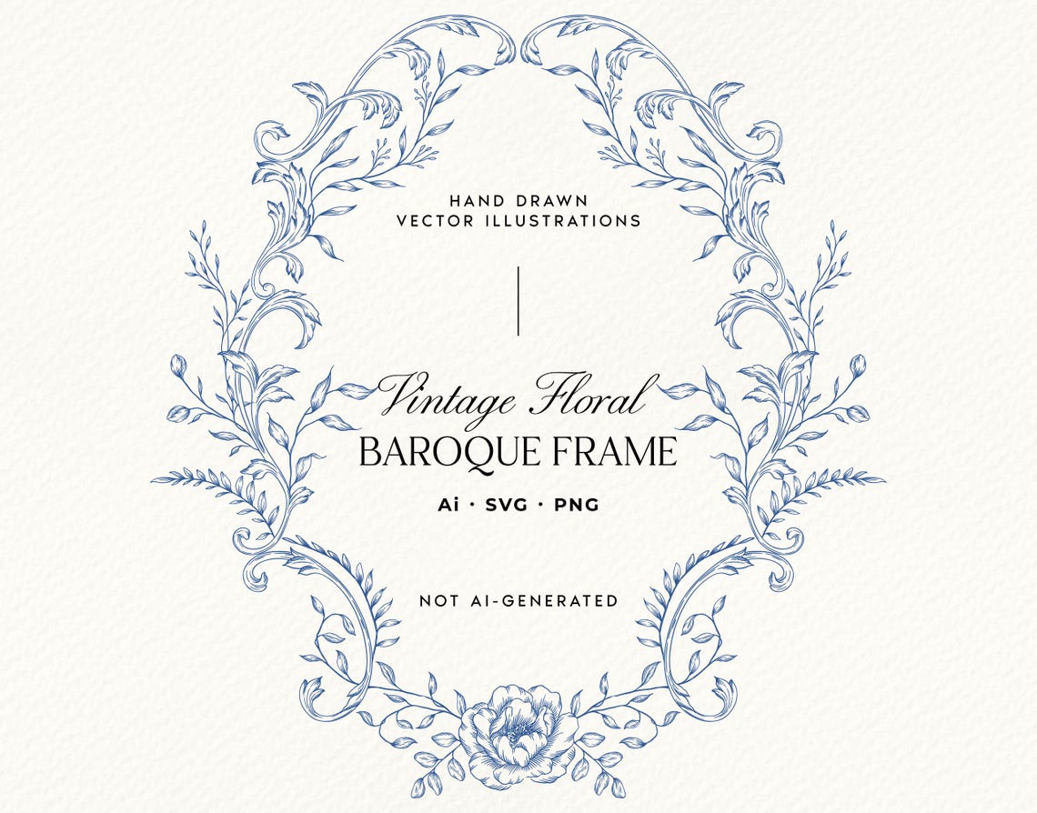 Vintage Baroque Floral Frame SVG, PNG, Hand Dawn Wedding Ornate Design ...