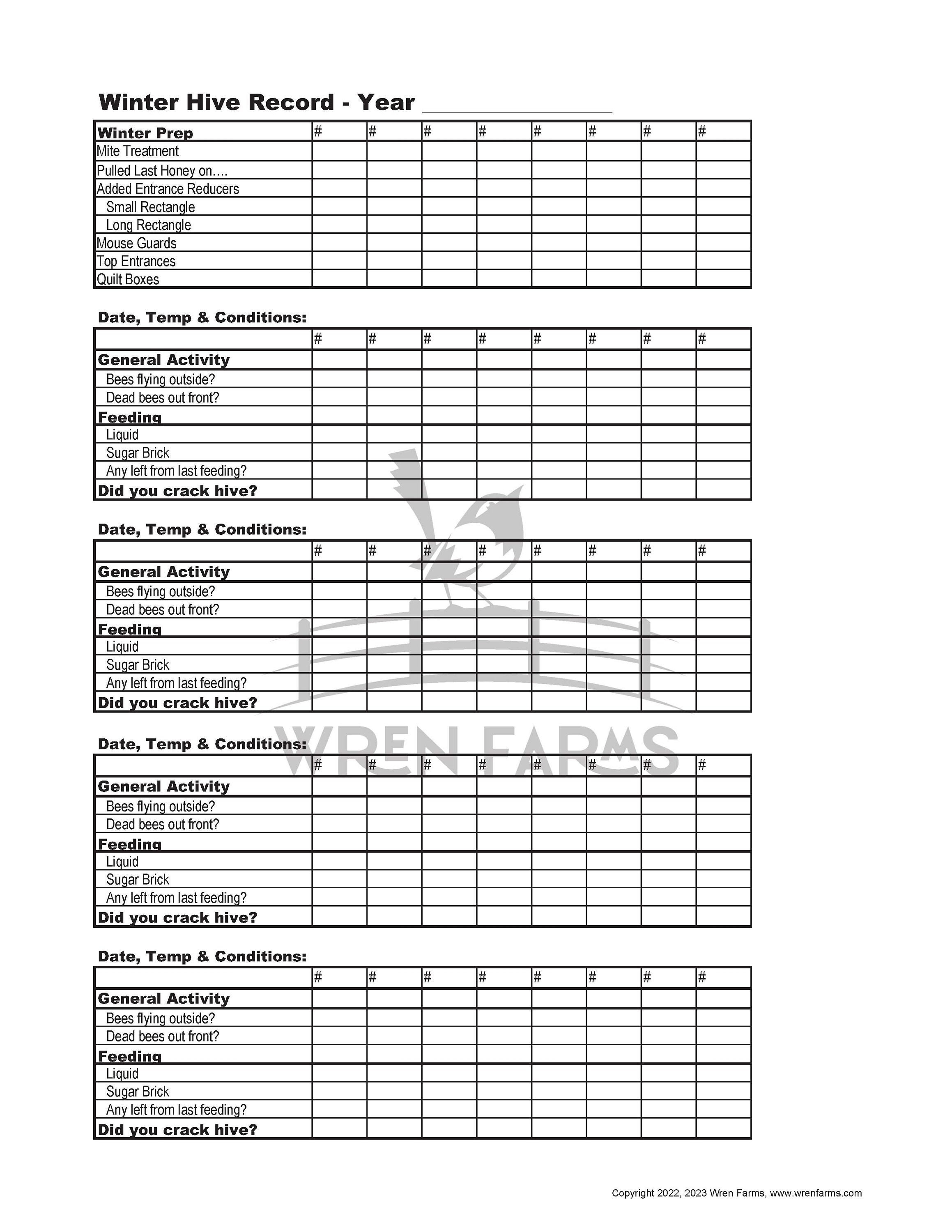 Winter Hive Record for Hives Labeled by Number (#1, #2, Etc.) - Etsy
