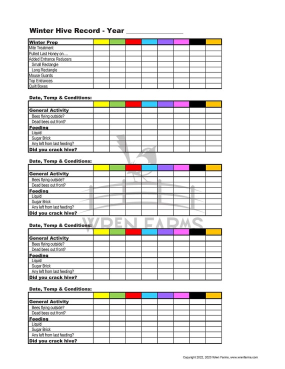 Winter Hive Record for Hives Labeled by Color red Yellow - Etsy