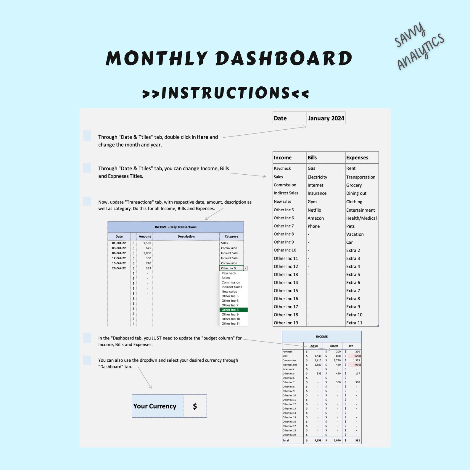 Monthly Budget Spreadsheet Template for Excel, Budget Sheet, Budget ...