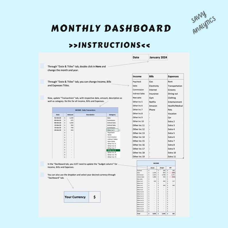Monthly Budget Spreadsheet Template for Excel, Budget Sheet, Budget ...