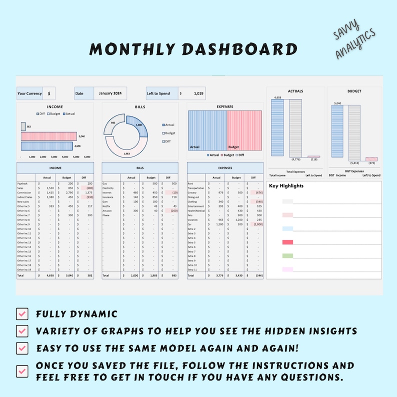 Monthly Budget Spreadsheet Template for Excel, Budget Sheet, Budget ...