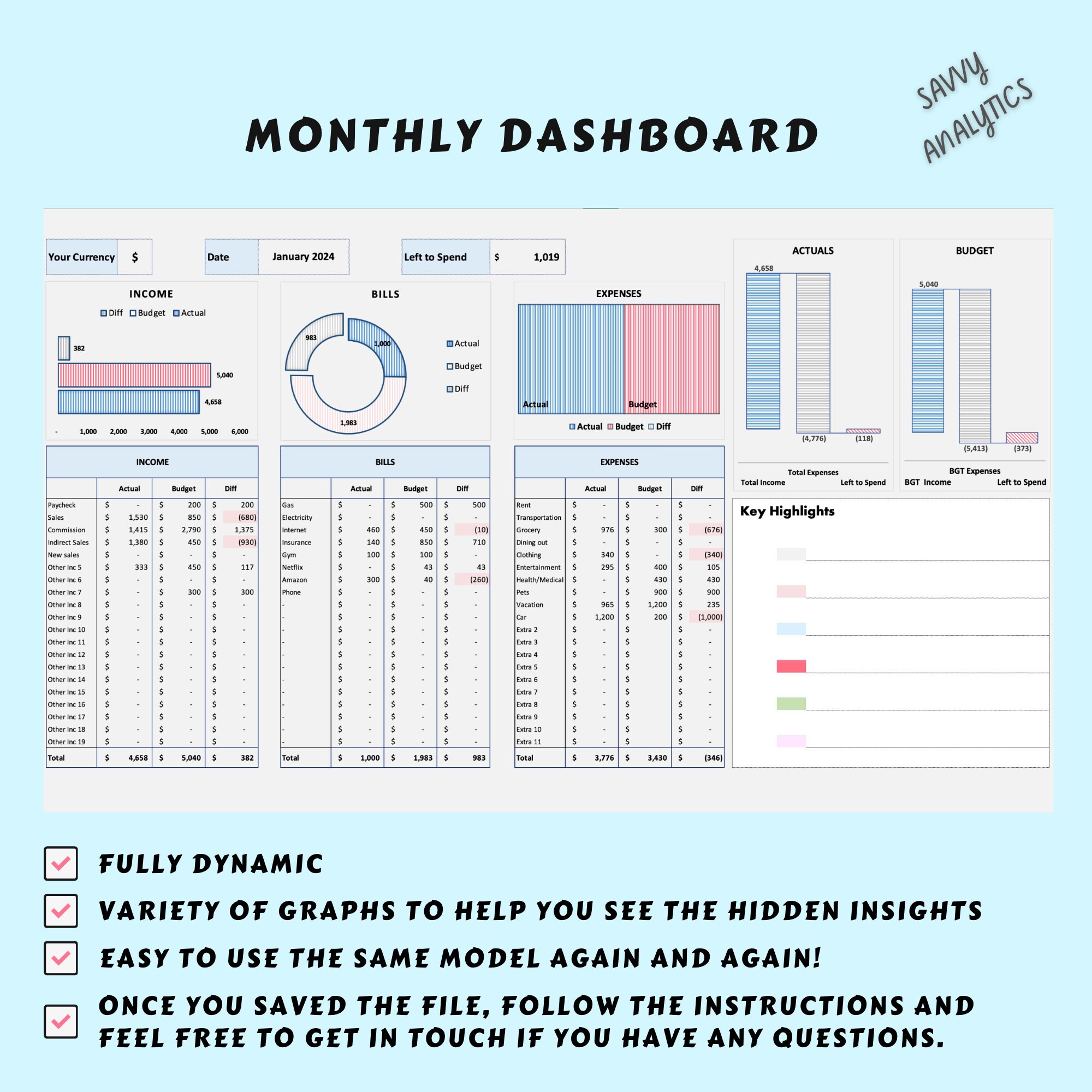 Monthly Budget Spreadsheet Template for Excel, Budget Sheet, Budget ...