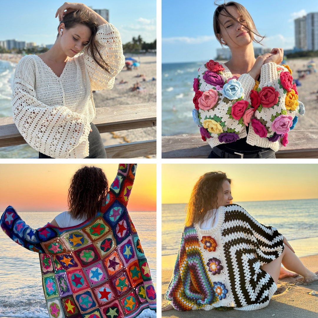 4 Crochet Patterns White Lace Sweater, Rose Garden Jacket, Star ...