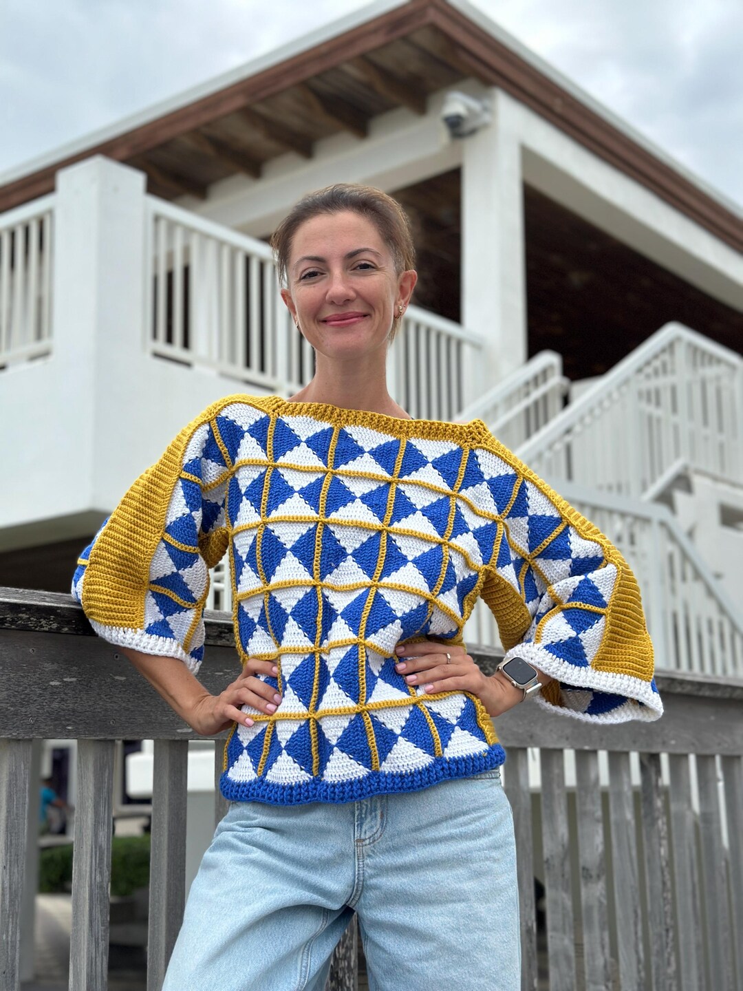 Crochet Sweater Pattern PDF – Blue Matrix Geometric Granny Squares ...