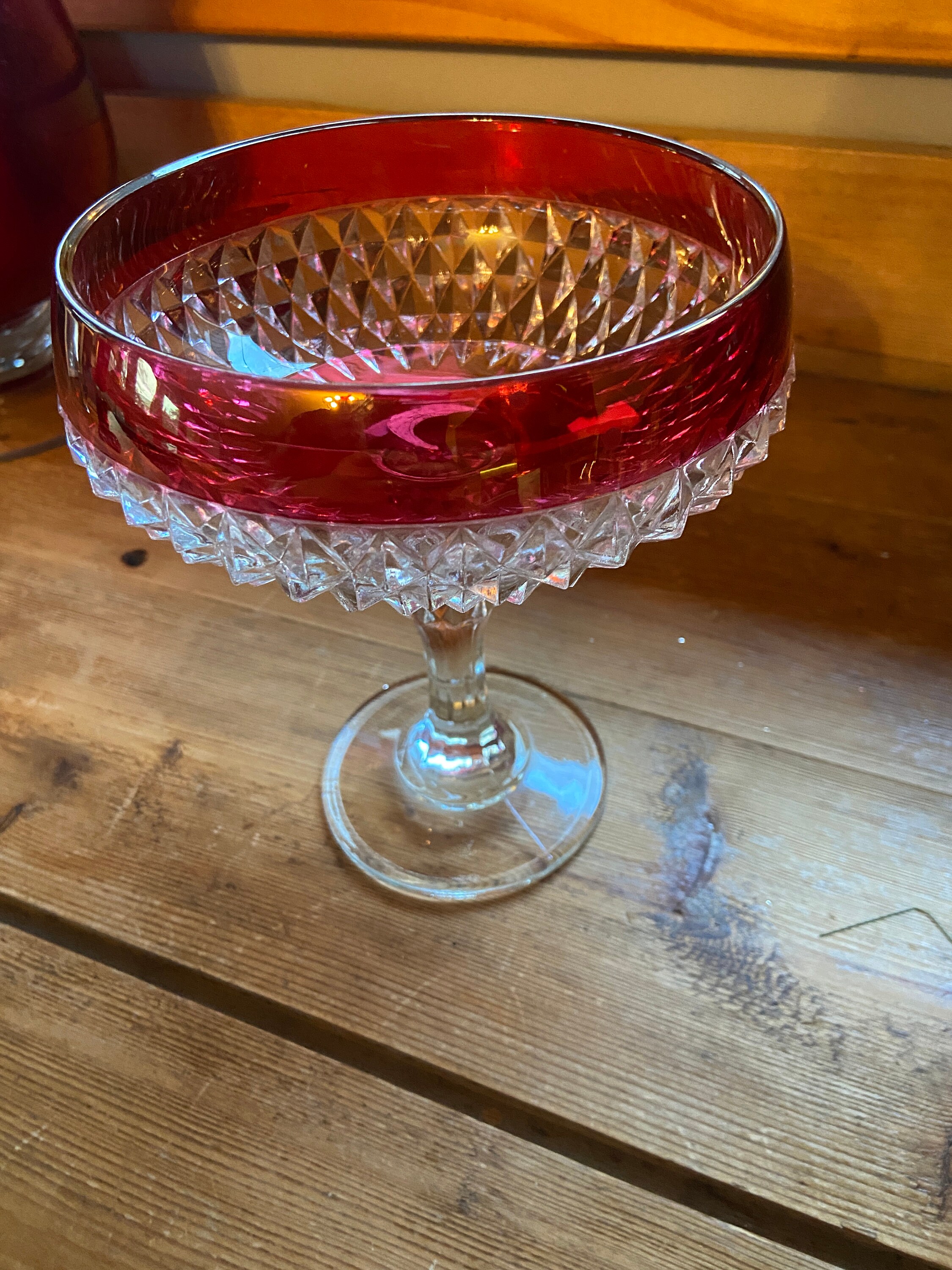 Vintage Cranberry Glass Compote. Diamond Point Pedestal With Cranberry ...