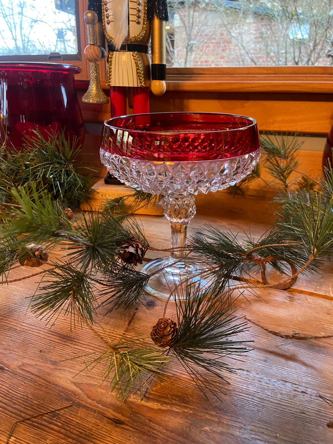 Vintage Cranberry Glass Compote. Diamond Point Pedestal With Cranberry ...