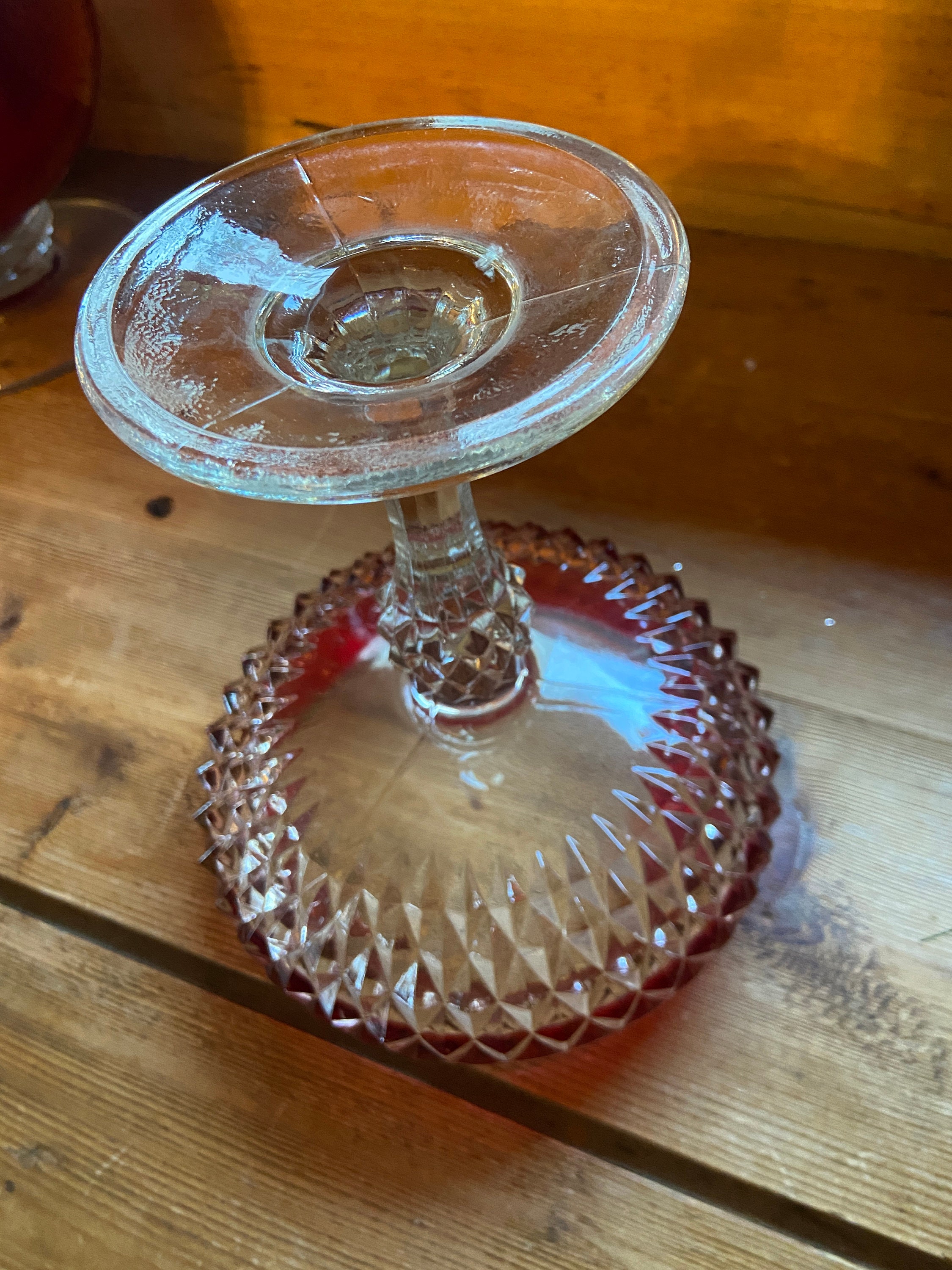 Vintage Cranberry Glass Compote. Diamond Point Pedestal With Cranberry ...