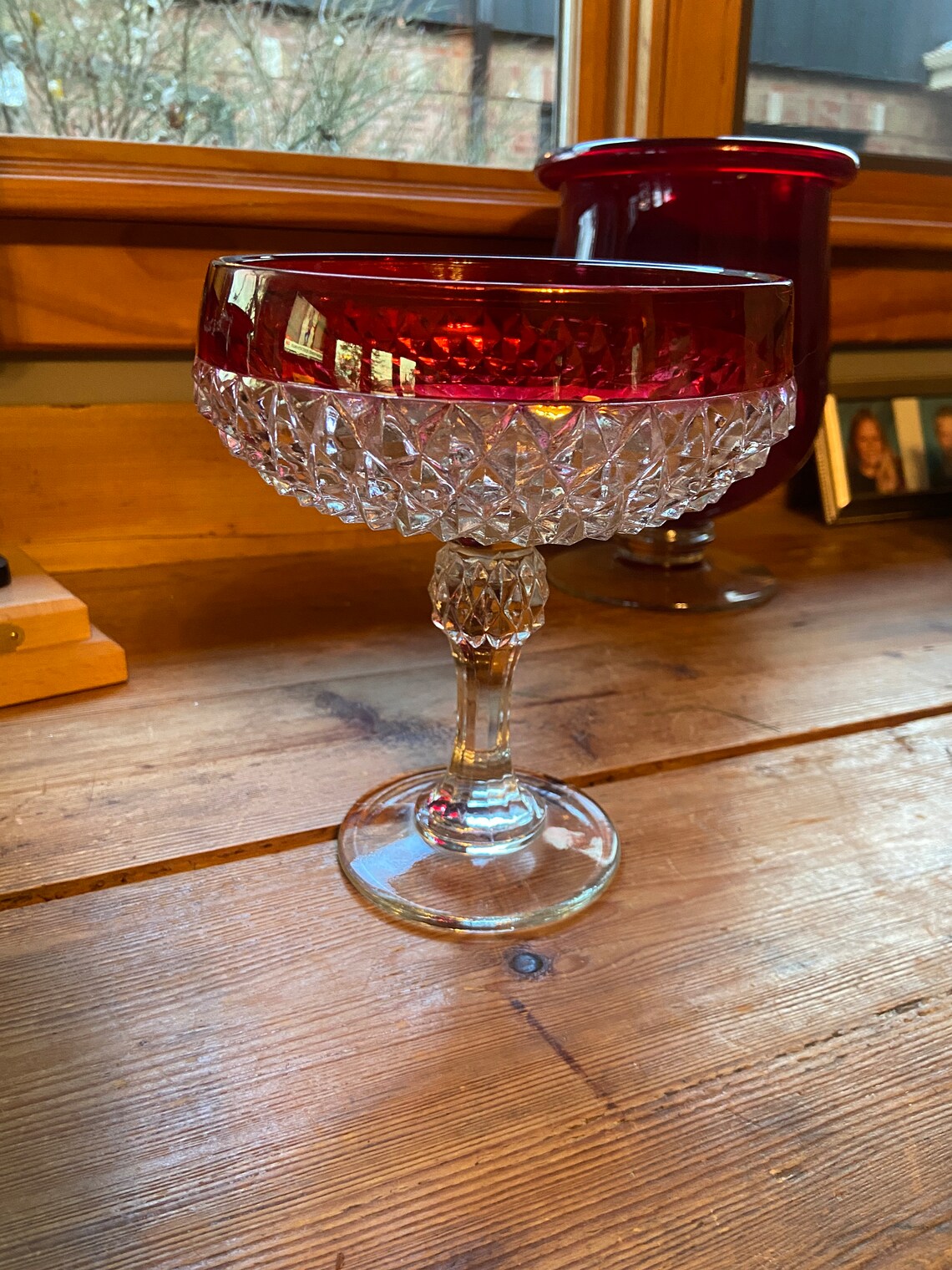 Vintage Cranberry Glass Compote. Diamond Point Pedestal With Cranberry ...