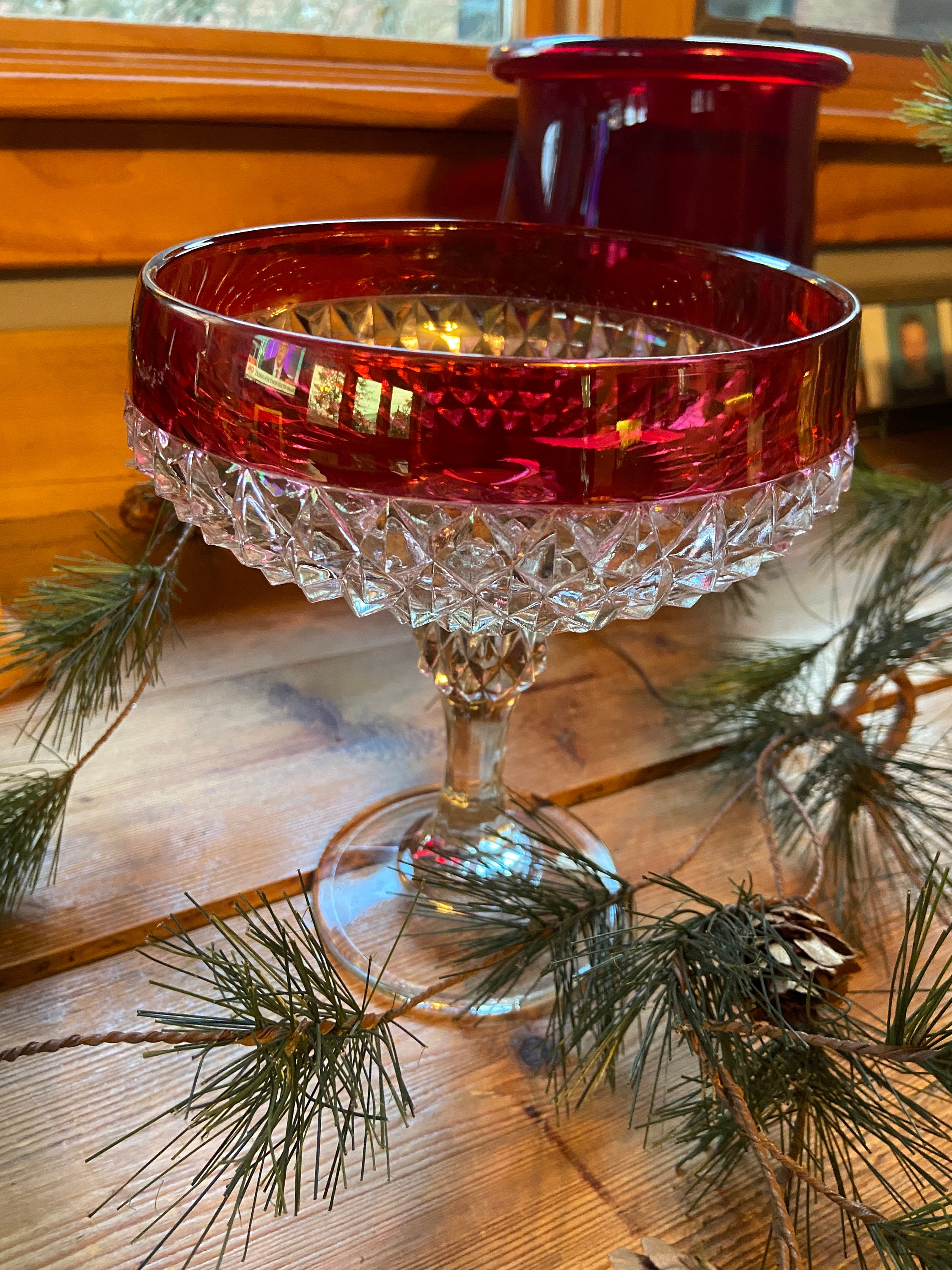 Vintage Cranberry Glass Compote. Diamond Point Pedestal With Cranberry ...