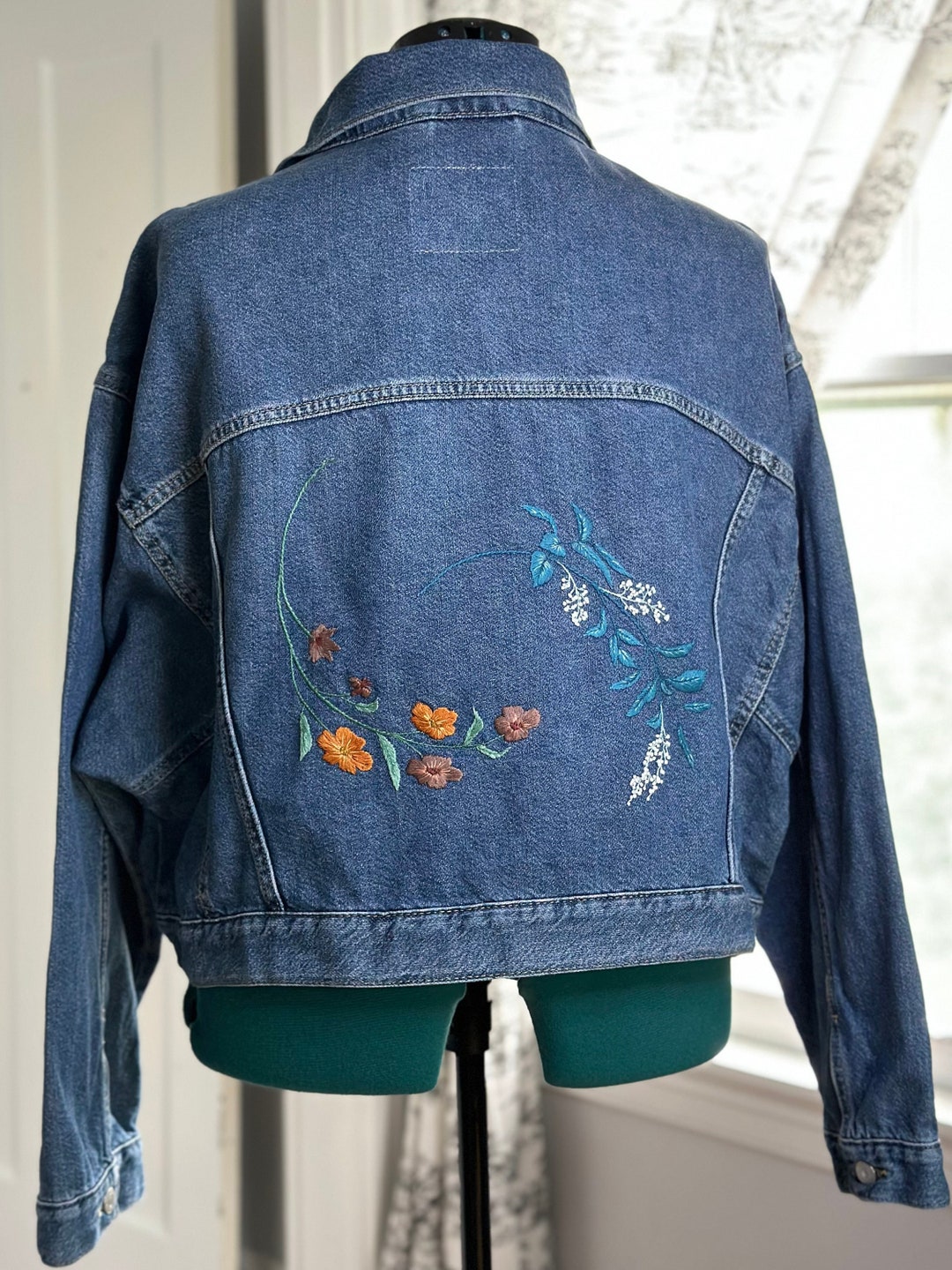 Hand Embroidered Denim Jacket Floral Levis X-large Jean Jacket - Etsy