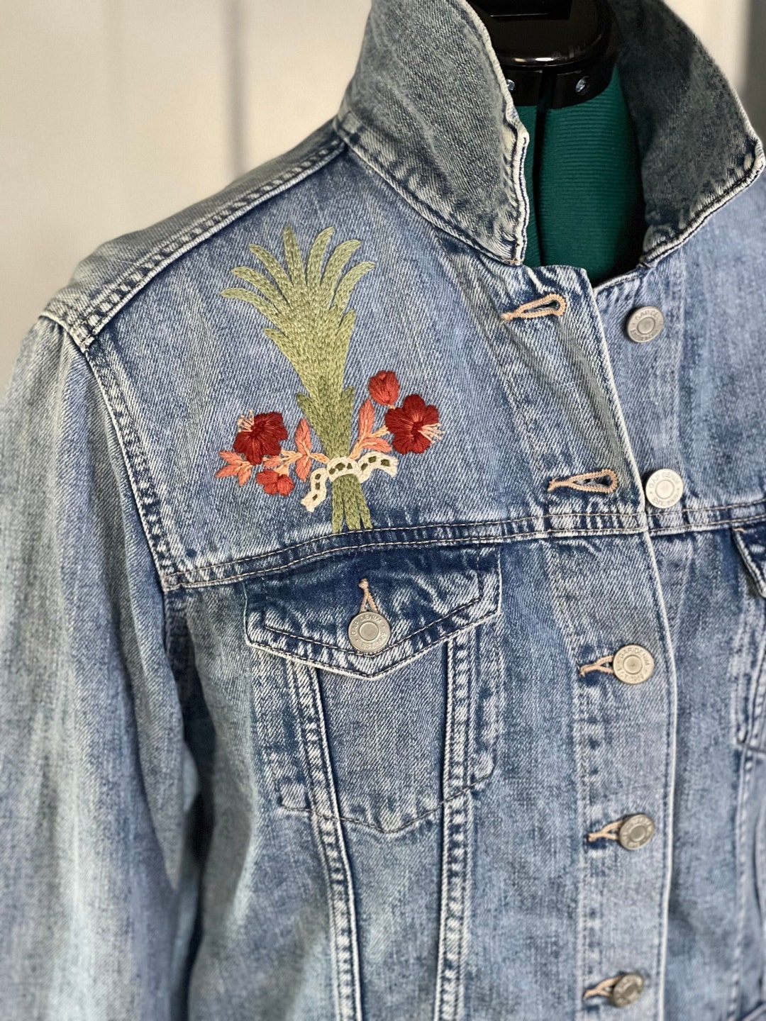 Hand Embroidered Denim Jacket Floral Bouquet Gap X-small Jean Jacket - Etsy