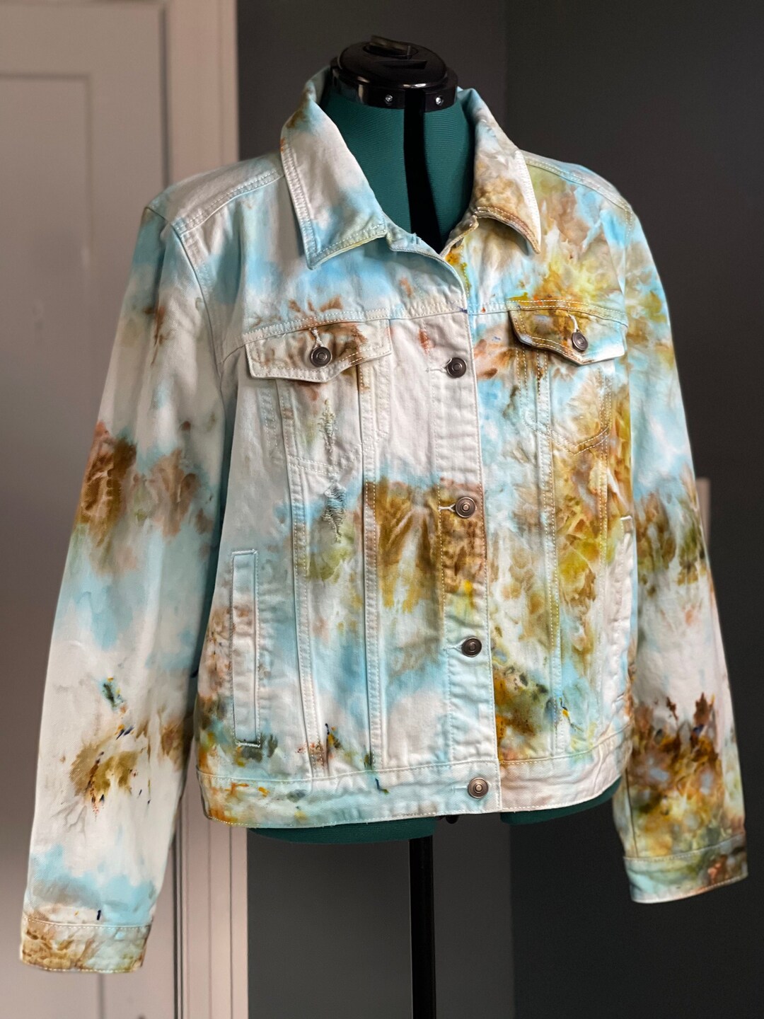 Ice Dye Denim Jacket Xxlarge Blue/chartreuse Black Rivet Jean Jacket - Etsy