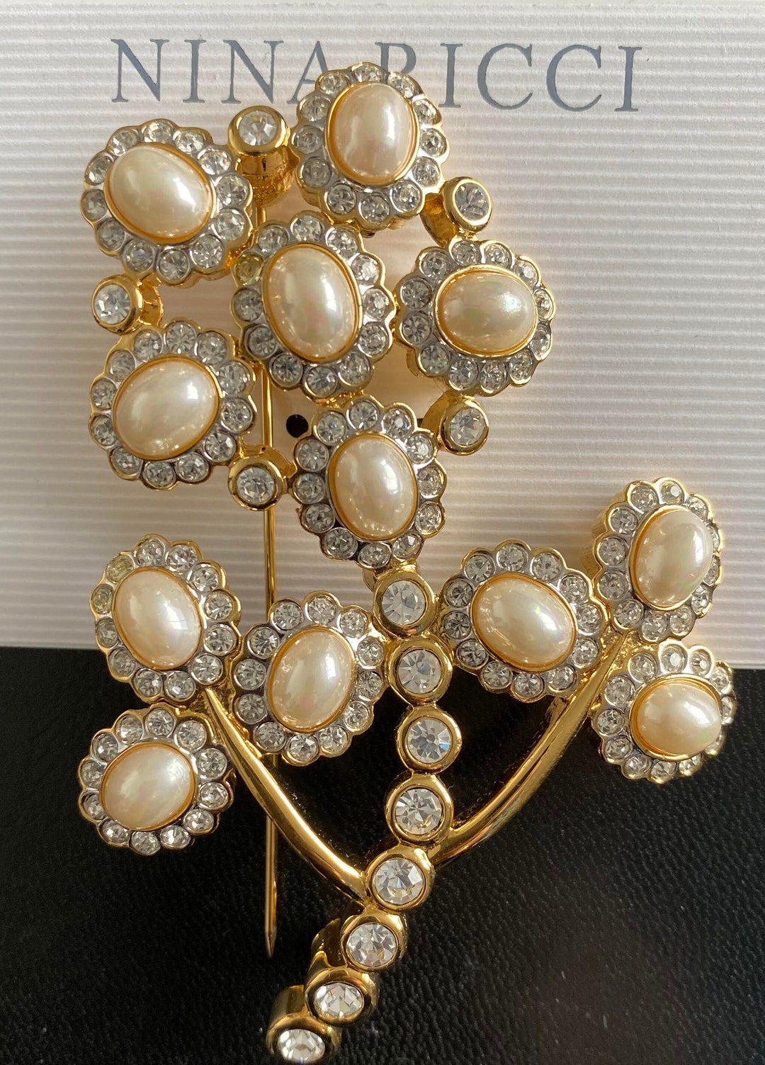 Nina Ricci Large Floral Brooch. Triple 22kt Gold Plated W Many Handset ...
