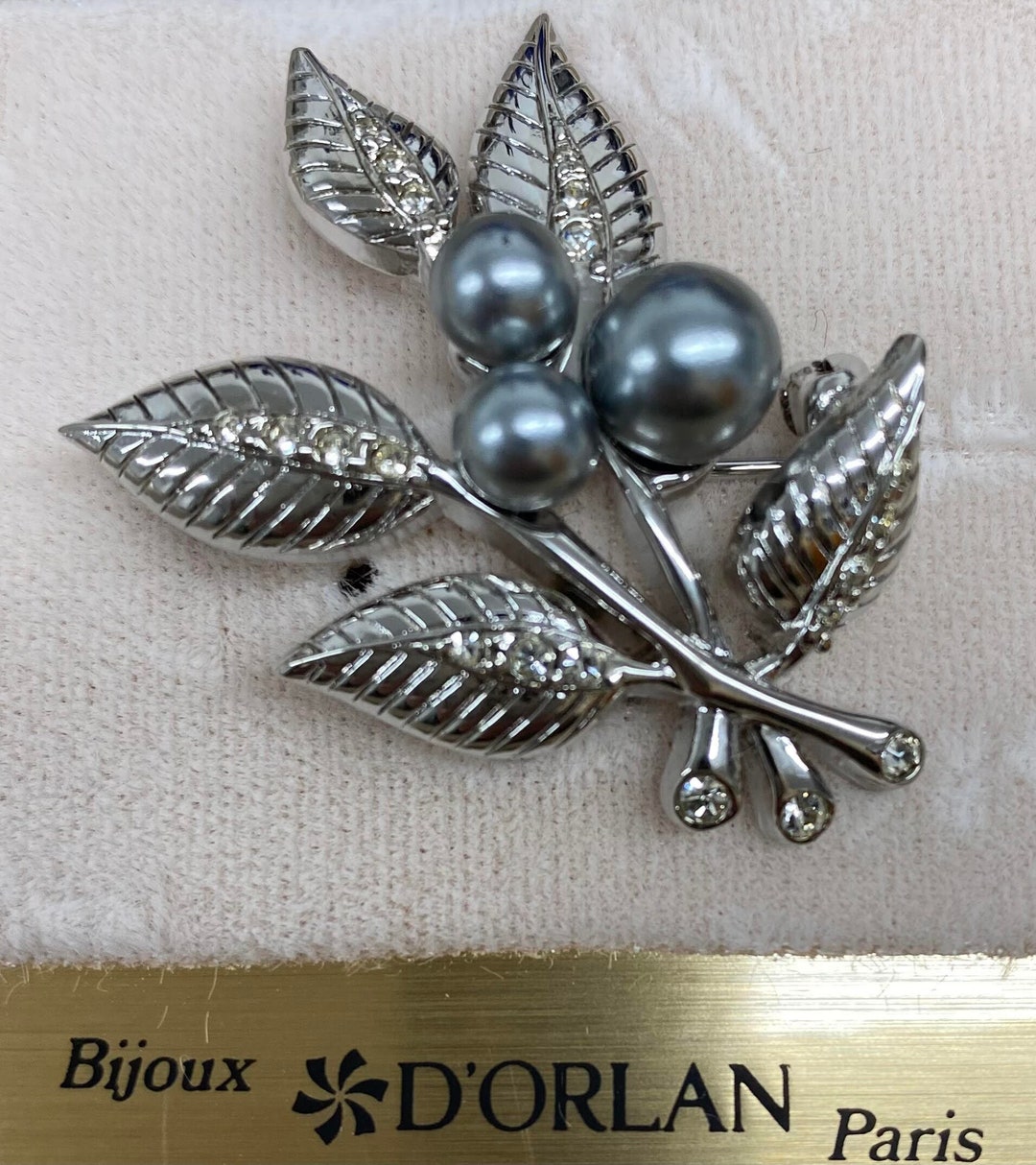D'orlan Signed Rhodium Brooch. Handset Grey Pearls. Floral Brooch ...