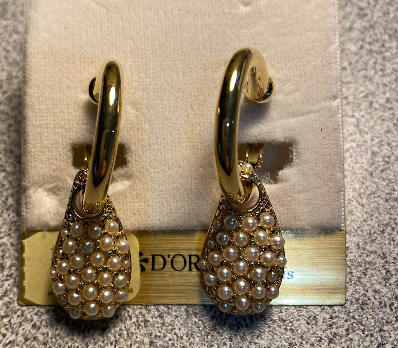 D'orlan Signed Pierced Earrings. Large Hoop W Tardrop of Pearls. Triple ...