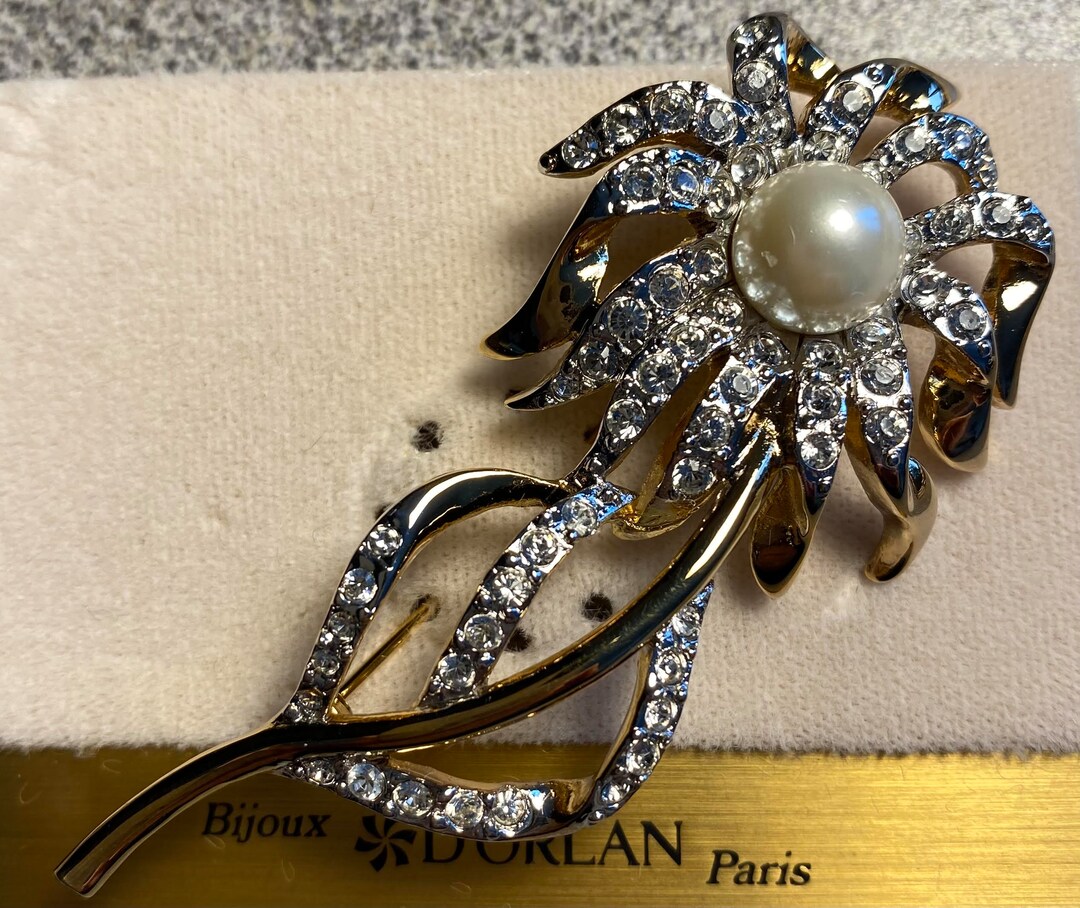 D'orlan Large Flower Brooch. Triple 22kt Gold Plated With Handset Pearl ...
