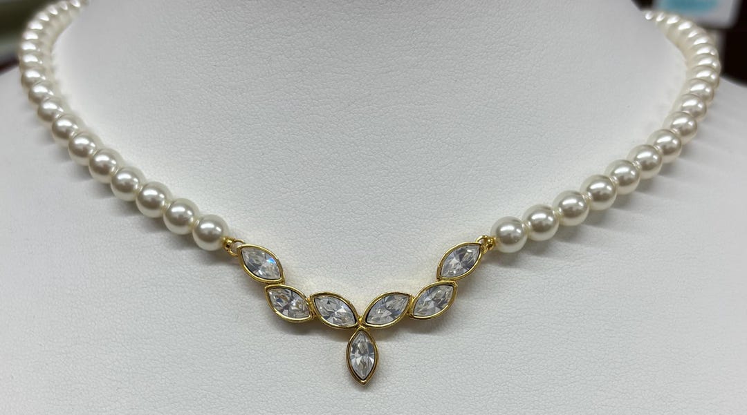 Rachel Pearl Necklace W Swarovski Crystals, Triple 22kt Gold Plated ...