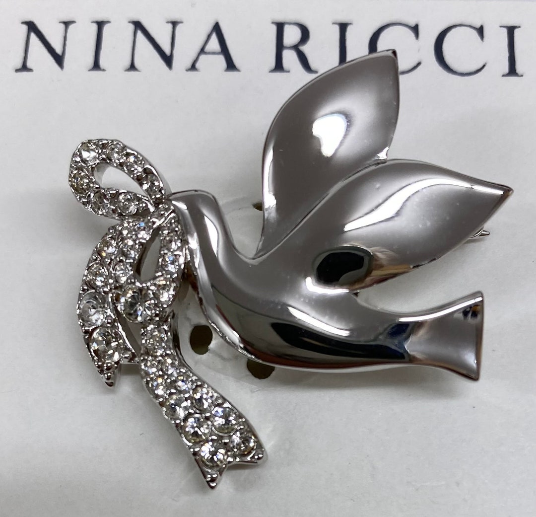 Nina Ricci Signed Brooch. Rhodium Plated W Handset Swarovski Crystals ...