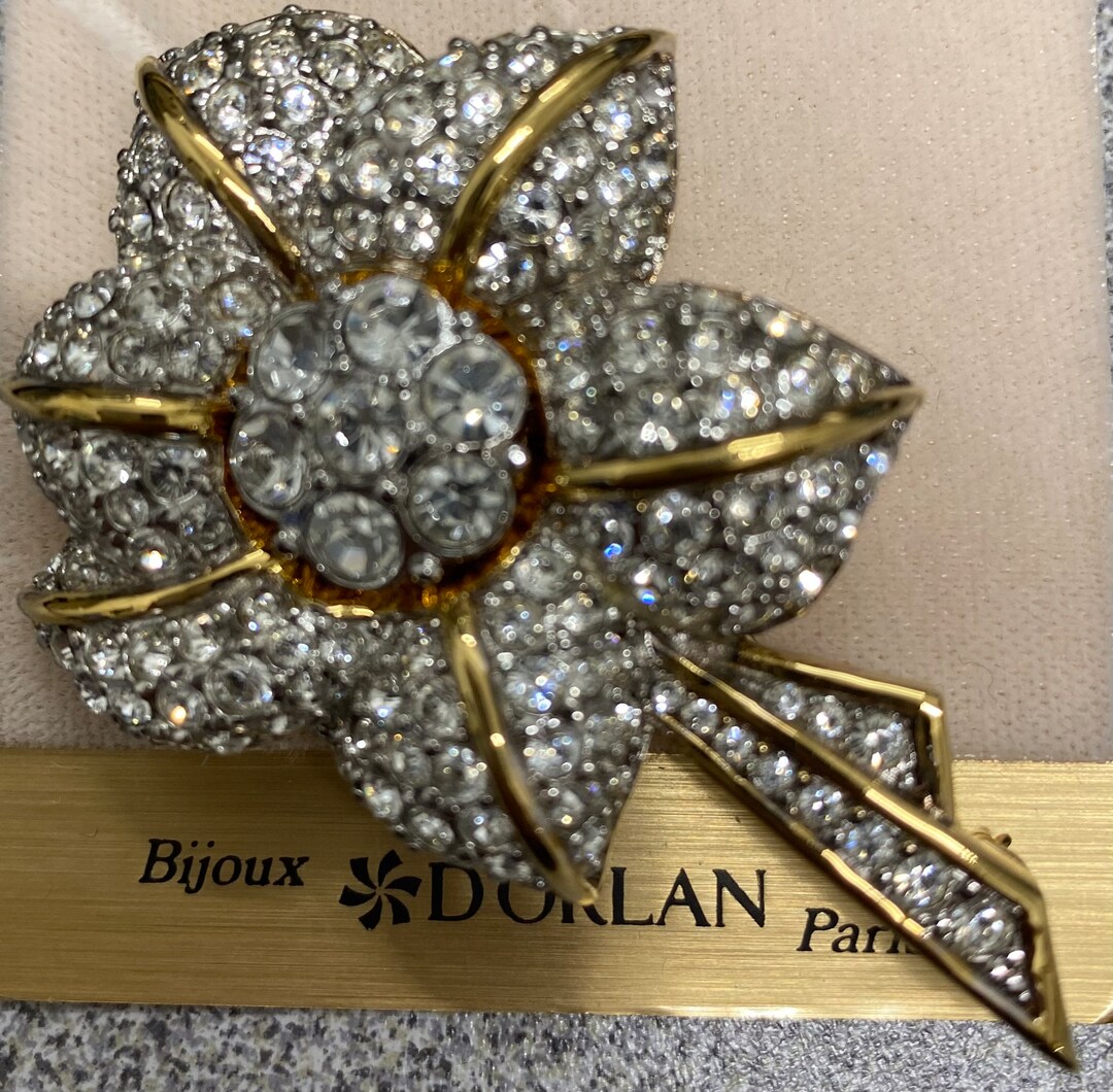 D'orlan Signed Large Flower Brooch. Triple 22kt Gold Plated W Handset ...