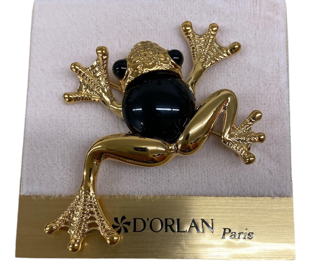 D'orlan Signed Frog Brooch. Triple 22kt Gold Plated, Jet Cabochon Eyes ...